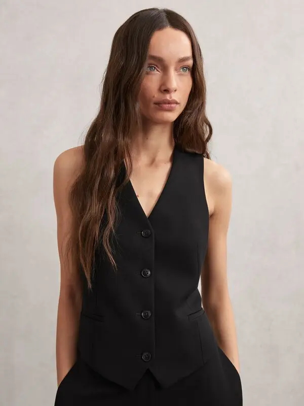 REISS Gabi Single-breasted Twill Waistcoat - Black