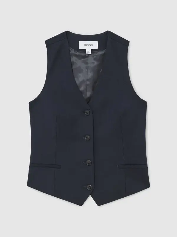 REISS Gabi Single-breasted Twill Waistcoat - Navy