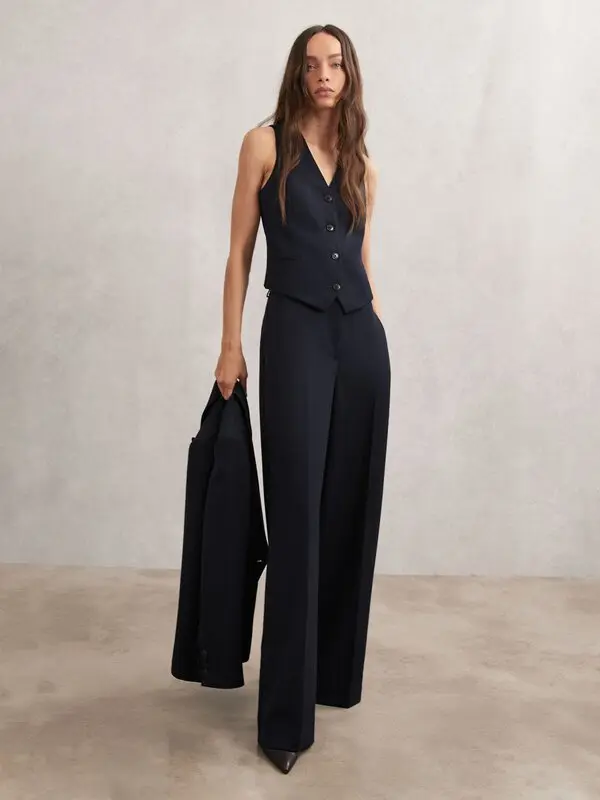 REISS Gabi Single-breasted Twill Waistcoat - Navy