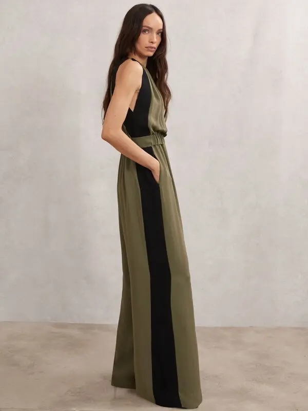 REISS Inez Colourblock Wide-leg Jumpsuit - Khaki Green/black