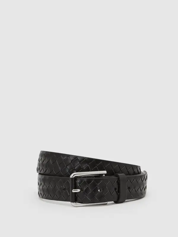 REISS Preston Leather Woven Belt - Black