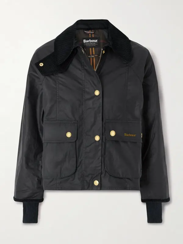 Barbour Cropped Corduroy-trimmed Waxed Cotton Jacket - Blue