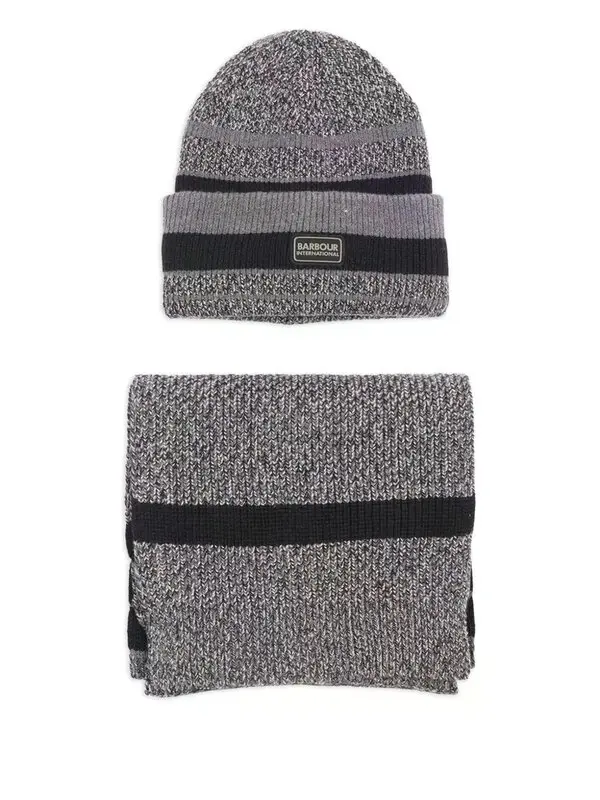 Barbour Boston Striped Beanie Scarf Set - Grey