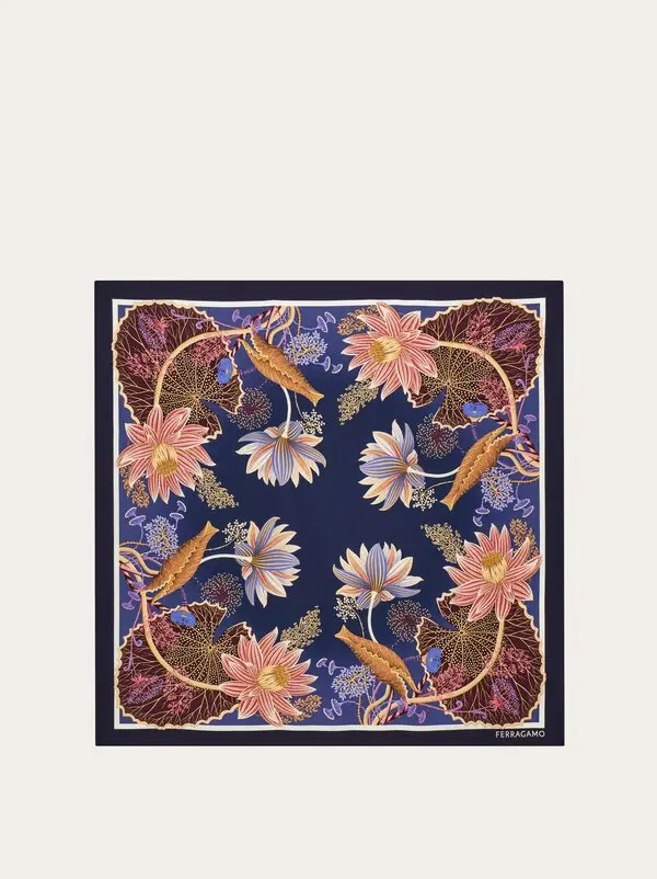 FERRAGAMO Water Lilies Print Silk Scarf - Blue