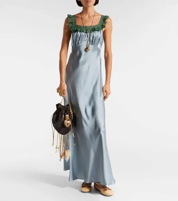 chloe blue lace dress Chlo Lace-Trimmed Silk Maxi Dress - Blue - 20% Off
