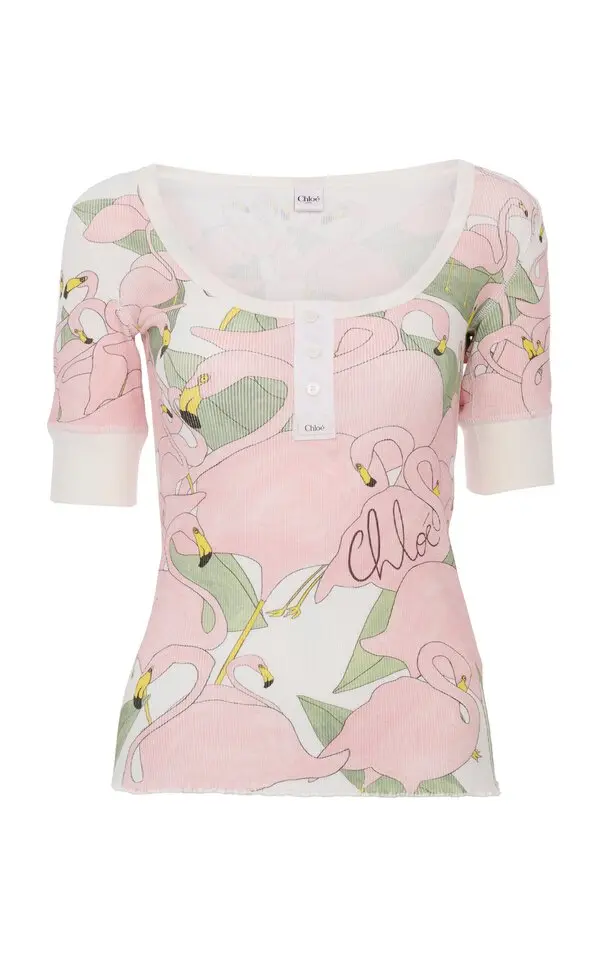 Chloé Printed Cotton-jersey Henley Top - Multi