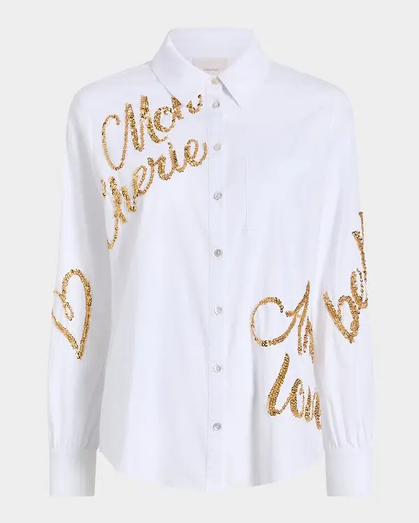 Cinq À Sept Crushed Sequin Button-front Shirt - White/gold