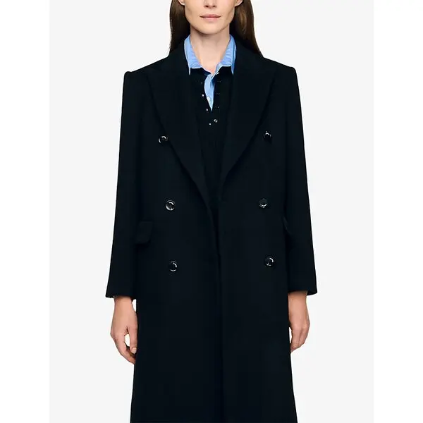 Sandro Long Double-breasted Wool-blend Coat - Black