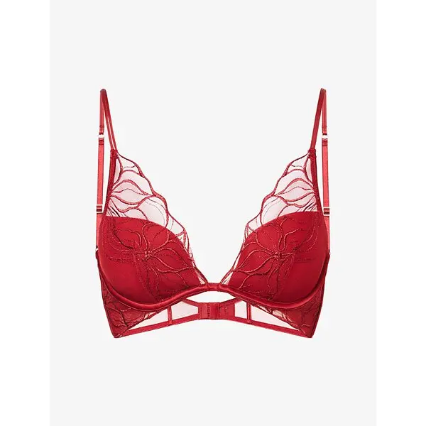 Calvin Klein Floral-embroidered Stretch-lace Plunge Bra - Fall Berry