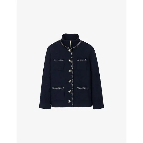Sandro Buttoned Contrast-trim Tweed Jacket