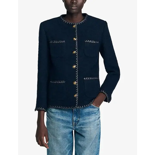 Sandro Buttoned Contrast-trim Tweed Jacket