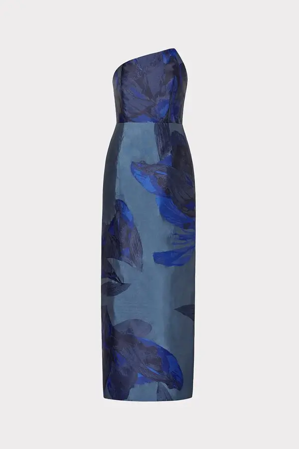 milly asymmetrical dress Jacquard Maxi Ivory A-line Square Neck SPRING2.28 Color:Egyptian Blue Cut in an off
