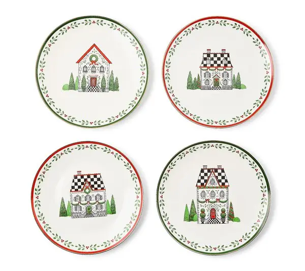 MACKENZIE-CHILDS Holly Village Dessert Plates, Set Of 4 - One-color