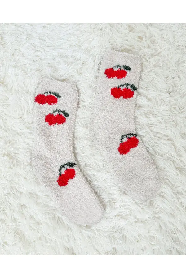 Splendid Bia Fuzzy Yarn Socks - Black / Stripe / Red / White