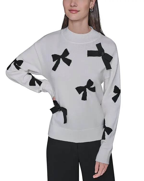 Karl Lagerfeld Paris 3d Bow Mock Neck Sweater - Soft White/black