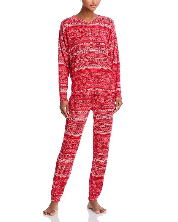 Aqua Sleep Starlette Long Henley Pajama Set Exclusive - Red Fair Isle