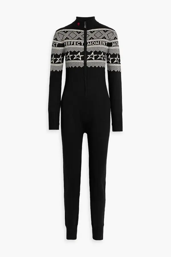 Perfect Moment Intarsia Merino Wool Turtleneck Jumpsuit - Black