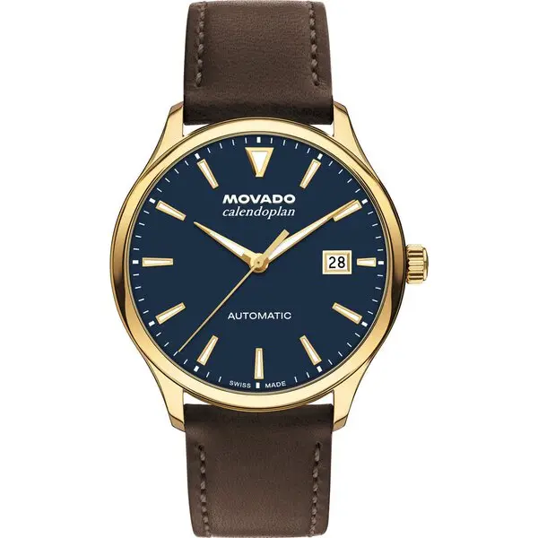 Movado Calendoplan Automatic Leather Strap Watch - Blue