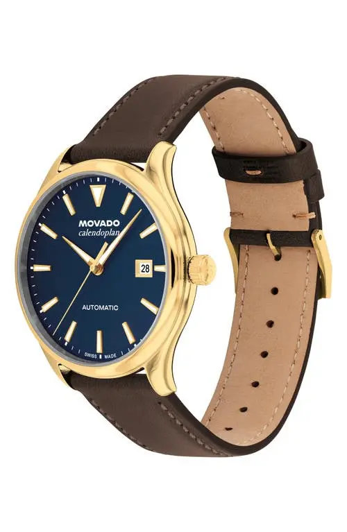 Movado Calendoplan Automatic Leather Strap Watch - Blue