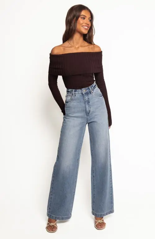 PETAL & PUP Inora Foldover Off-the-shoulder Ribbed Sweater - Chocolate