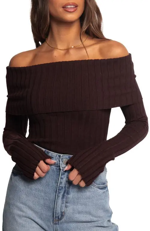 PETAL & PUP Inora Foldover Off-the-shoulder Ribbed Sweater - Chocolate