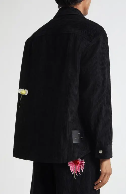 SONG FOR THE MUTE Floral Appliqué Corduroy Shirt Jacket - Black