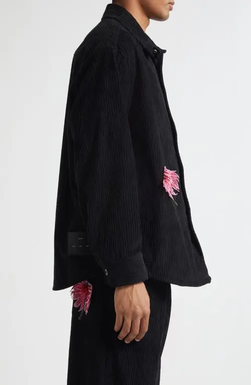 SONG FOR THE MUTE Floral Appliqué Corduroy Shirt Jacket - Black