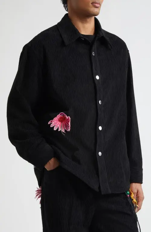 SONG FOR THE MUTE Floral Appliqué Corduroy Shirt Jacket - Black