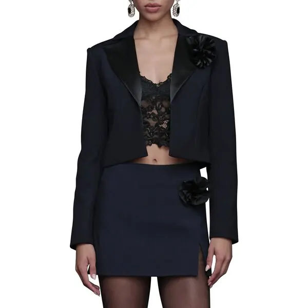Avec Les Filles Cropped Blazer With Floral Embellishment