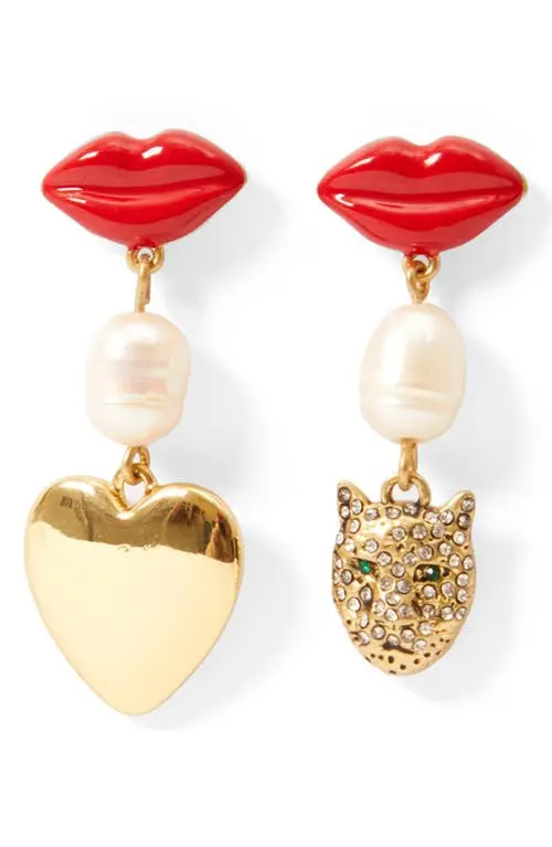 Clare V. Le Charm Mismatch Drop Earrings - Gold Red Multi