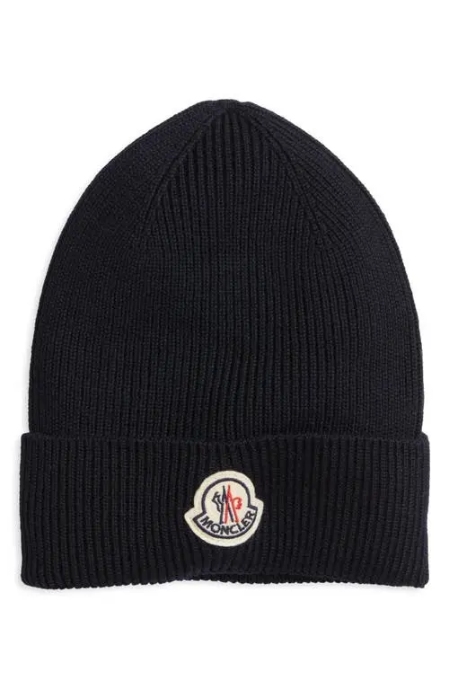 Moncler Virgin Wool Ribbed Beanie - Navy/navy
