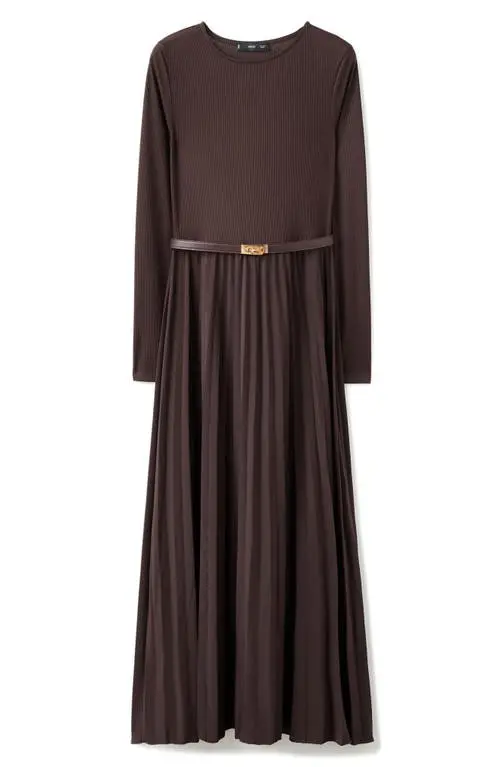 Mango Pleated Belted Maxi Dress - Chocolate