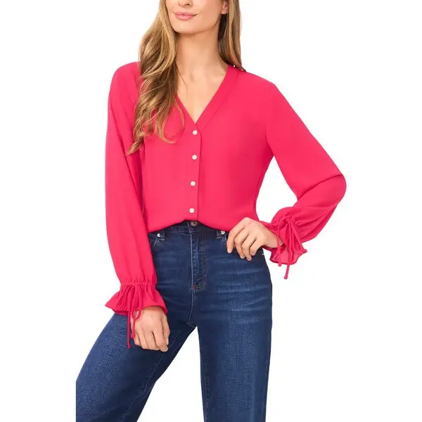 CECE DUPRAZ Tie Cuff Button-up Top - Ruby Blush