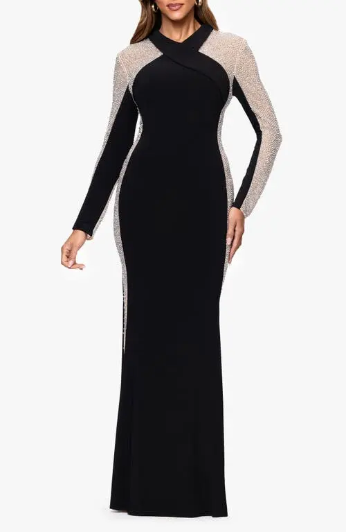 XSCAPE EVENINGS Beaded Mesh Long Sleeve Gown