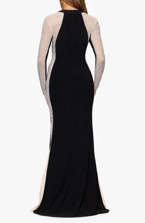 XSCAPE EVENINGS Beaded Mesh Long Sleeve Gown