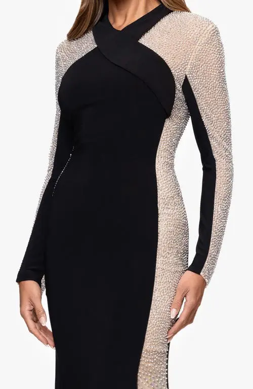 XSCAPE EVENINGS Beaded Mesh Long Sleeve Gown