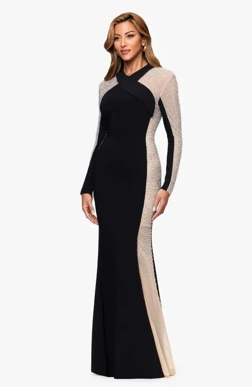 XSCAPE EVENINGS Beaded Mesh Long Sleeve Gown