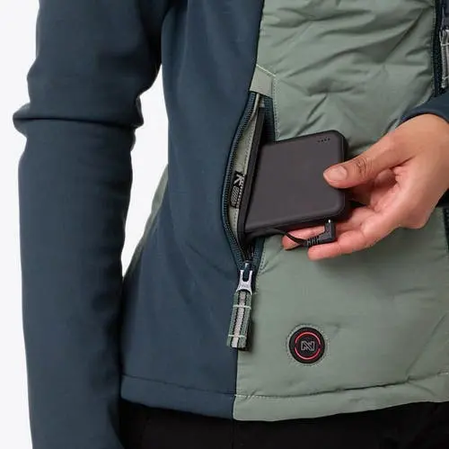 MOBILE WARMING Aria Natural Down Hybrid Heated Jacket - Sage/olive