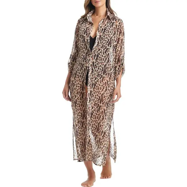 ROD BEATTIE Longline Chiffon Cover-up Shirt - Animal Print Multi