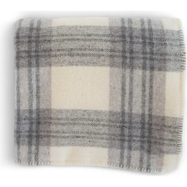 EVANGELINE Plaid Merino Wool Blankets - Cream/ledge Plaid