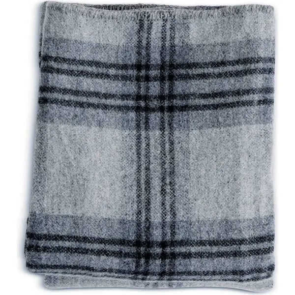 EVANGELINE Plaid Merino Wool Blankets - Fog/ledge Plaid
