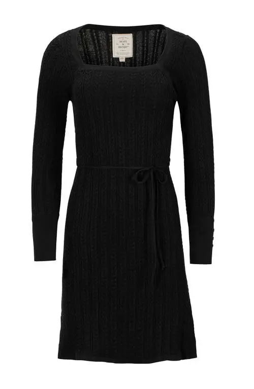 HOPE & HENRY Organic Square Neck Cable Sweater Dress - Black