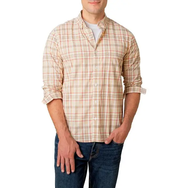 HOPE & HENRY Organic Long Sleeve Stretch Poplin Button Down Shirt - Fireside Plaid
