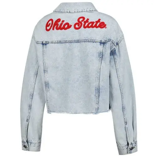 HYPE AND VICE Ohio State Buckeyes Lightwash Cropped Button-up Jean Jacket