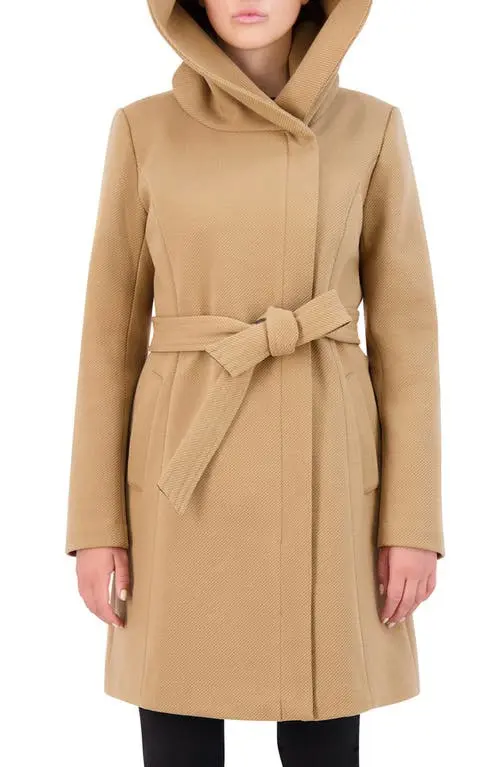 Cole Haan Twill Belted Hooded Coat - Beige