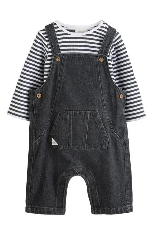 NEXT Stripe Long Sleeve T-shirt & Denim Overalls Set - Black