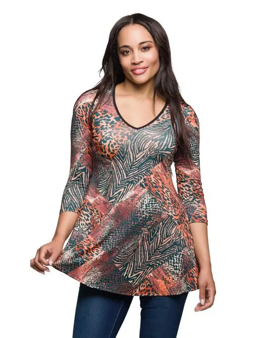 24SEVEN COMFORT APPAREL Animal Print V-neck Tunic Top - Brown Multi