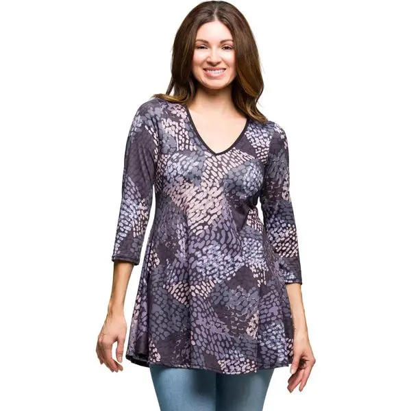 24SEVEN COMFORT APPAREL Abstract Print V-neck Tunic Top - Gray Multi