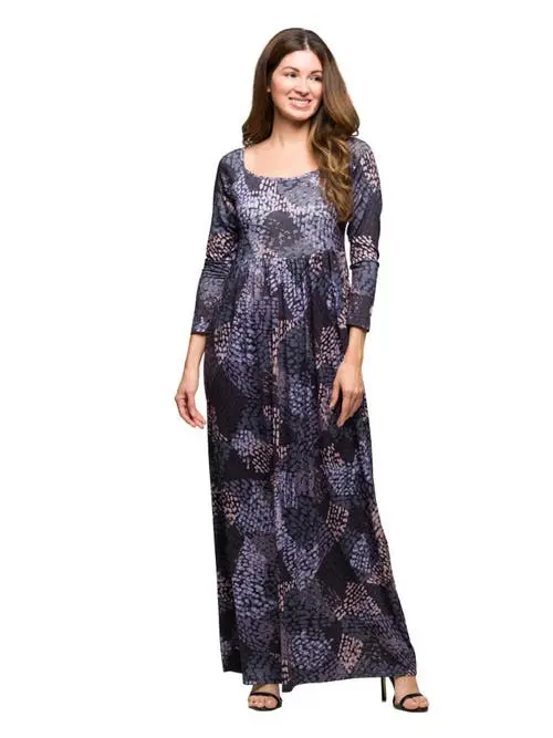 24SEVEN COMFORT APPAREL Printed Empire Waist Maxi Dress - Gray Multi