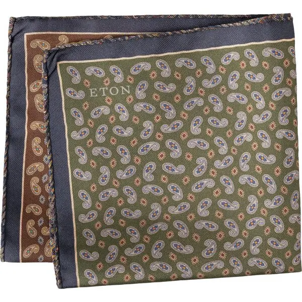 Eton Paisley & Medallion Reversible Silk Pocket Square - Blue Multi